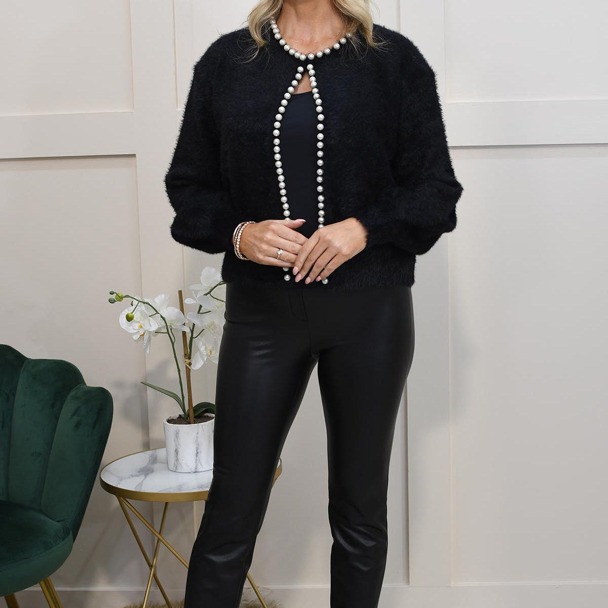 Libra Black Fuzzy Cardigan With Pearl Detail | Libra Clothing UK ...