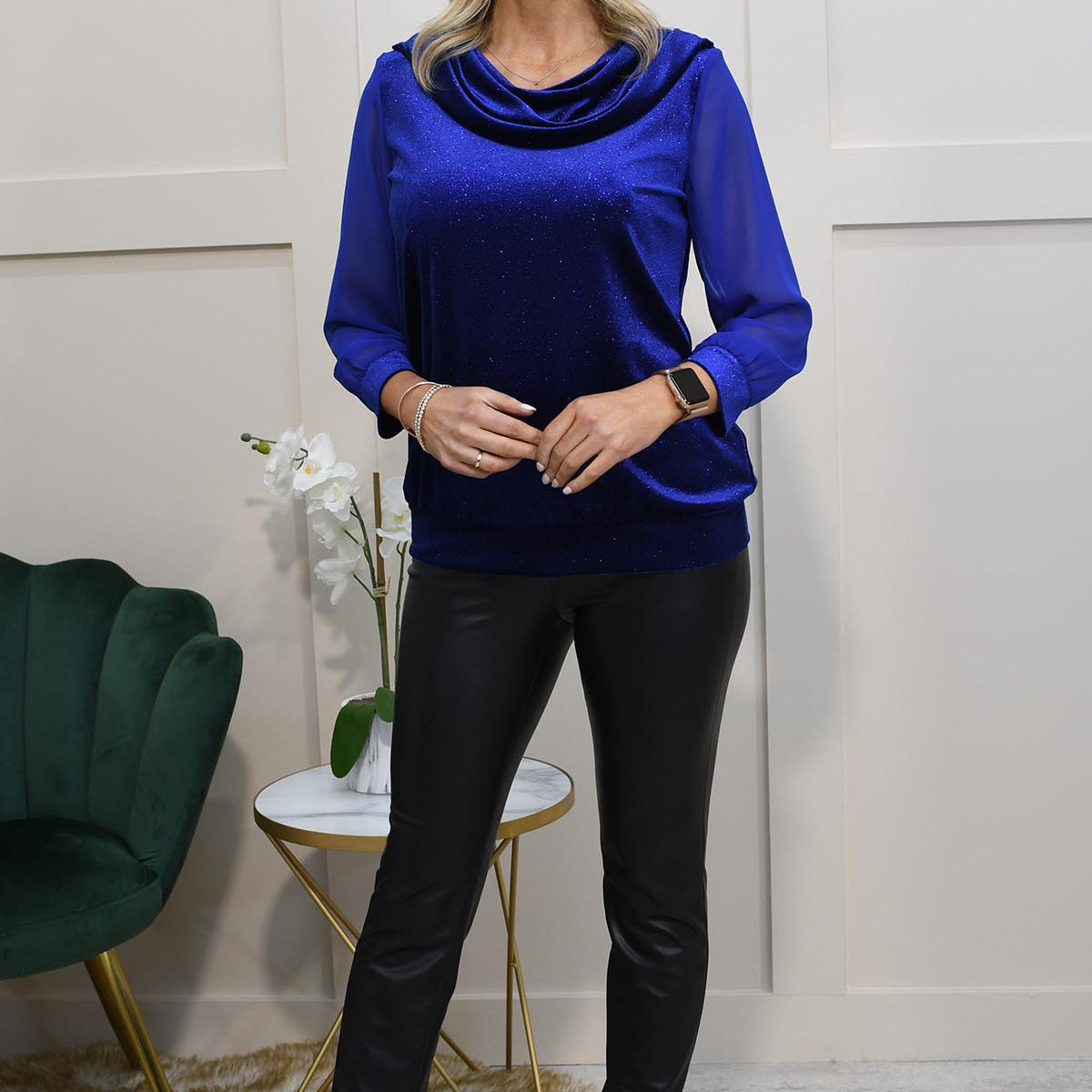 Fm Collection Blue Sparkle Cowl Neck Top | FM Collection Ladies Top ...