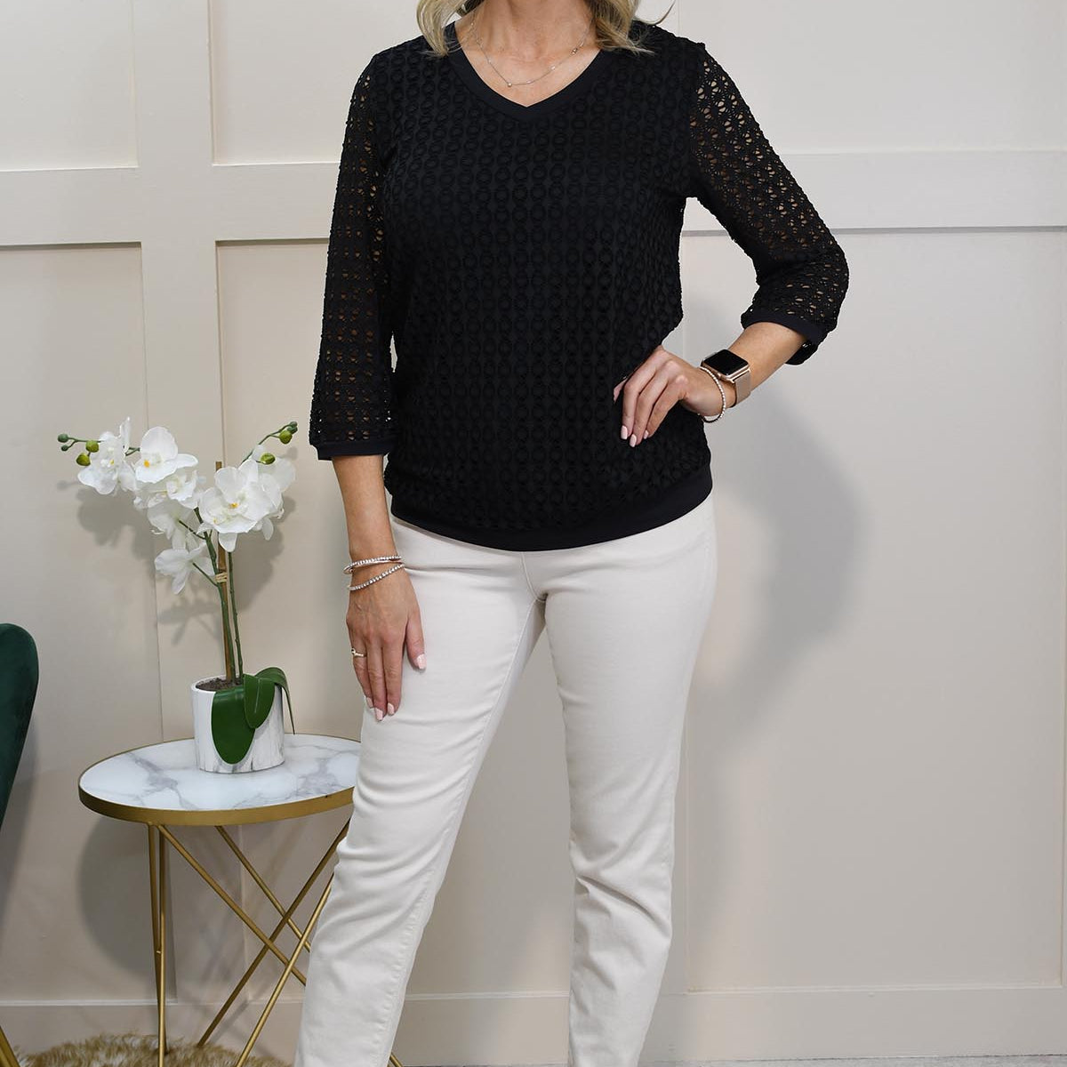 Barbara Lebek Black Needle Lace Pattern Top| Style Boutique NI