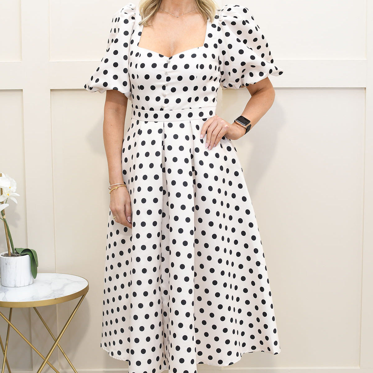 The 8th Sign Polka Dot Puff Sleeve Midi Dress | Style Boutique NI