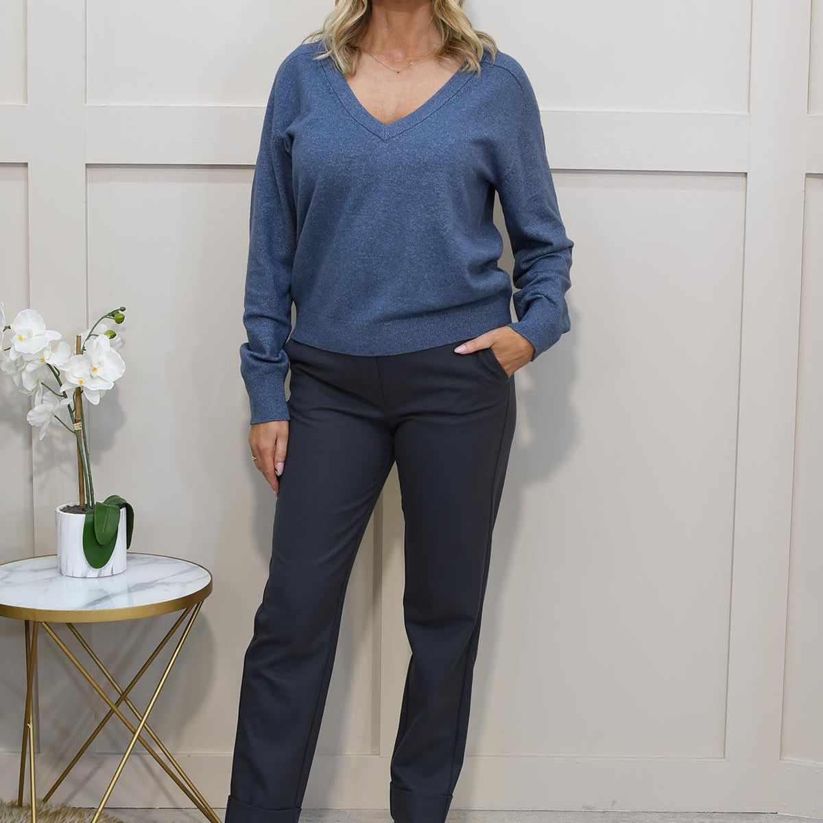 YAYA China Blue Melange Double V-Neck Sweater | Style Boutique NI