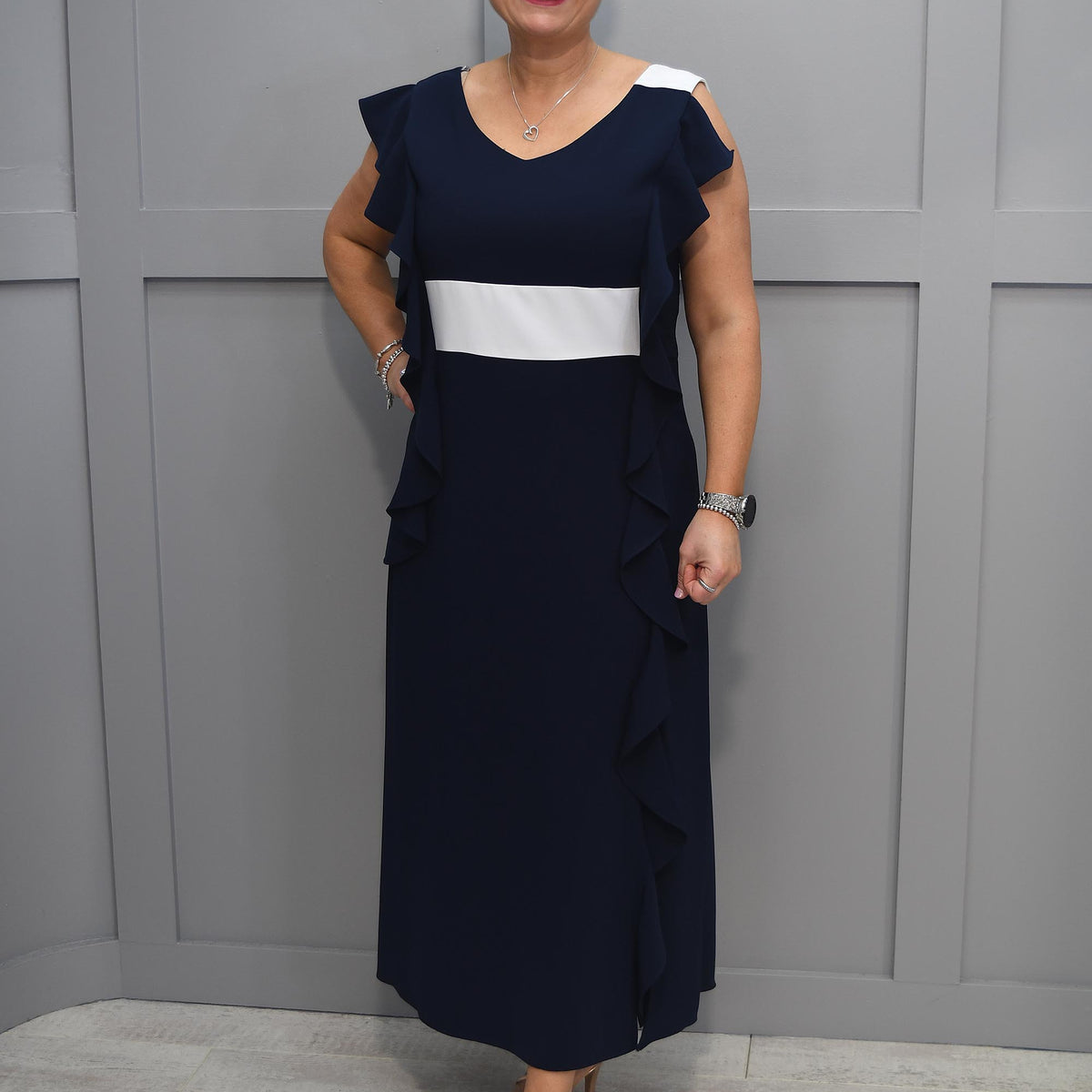 Ella Boo Navy & White Dress With Asymmetric Side Ruffle Detail – Style ...